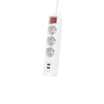 Разклонител HAMA Power Strip, 3 гнезда, 1.4м, Бутон вкл/изкл, PD/Quick Charge, USB-C/USB-A, Бял